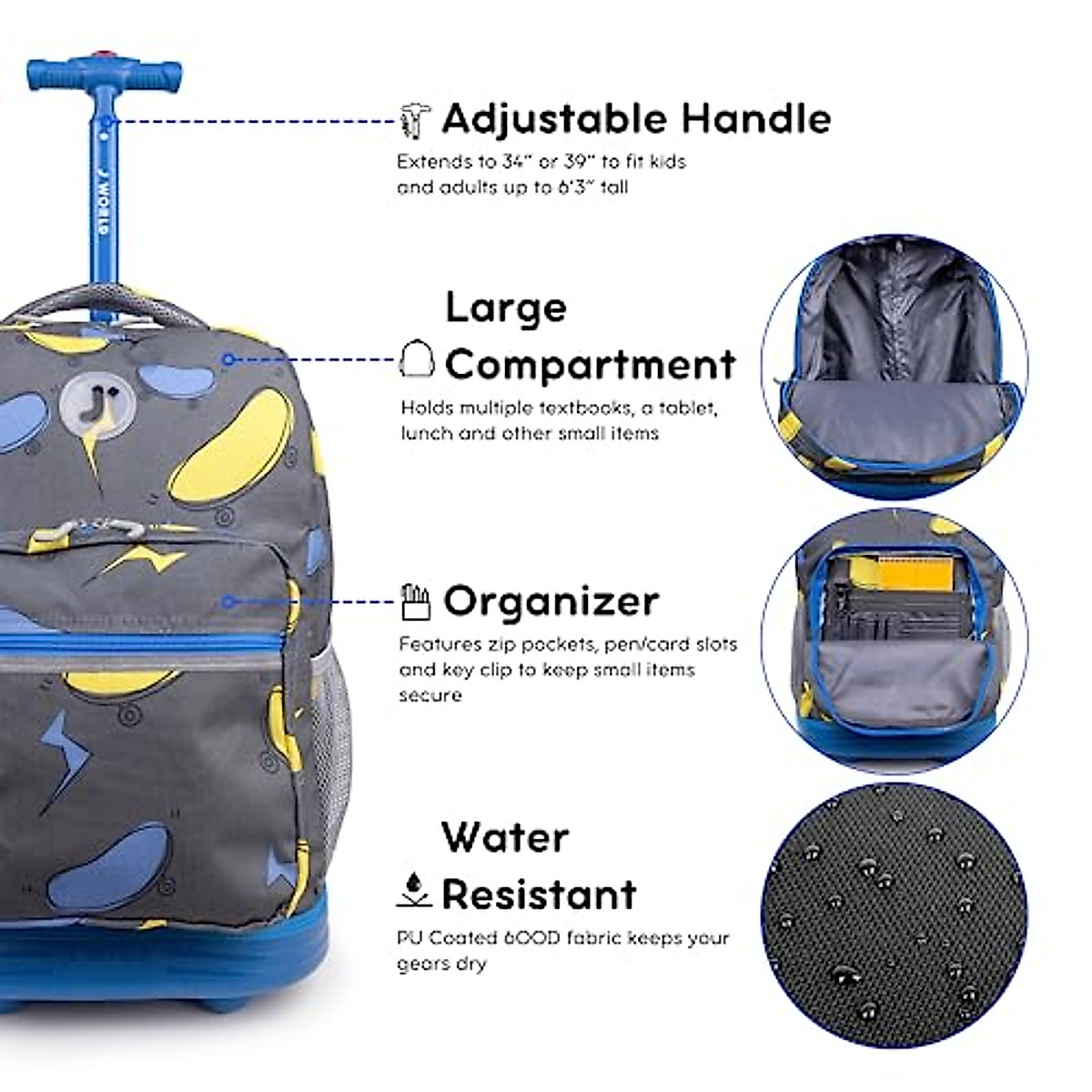 J World New York Sunrise Kids Rolling Backpack for Girls Boys Teen. Roller Bookbag with Wheels, Lightboard, 18"