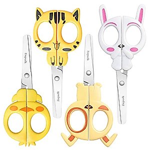 Asdirne Scissors For Kids, Blunt Scissors, Small School Student Craft Scissors, Sharp Stainless Steel Blades Safety, Cute Animal Shapes, 5 inch, 4pack