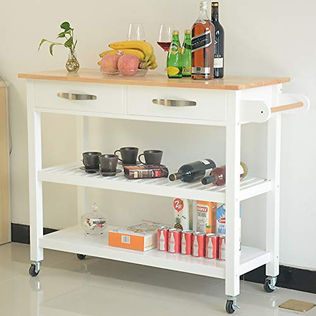 Livavege Kitchen Island Cart with Storage, 45" Rolling Cart Kitchen Islands Side Table on Wheels with Large Worktop, 2 Storage Drawers, Open Shelves and Towel Rack for Home Dining Room Living Room