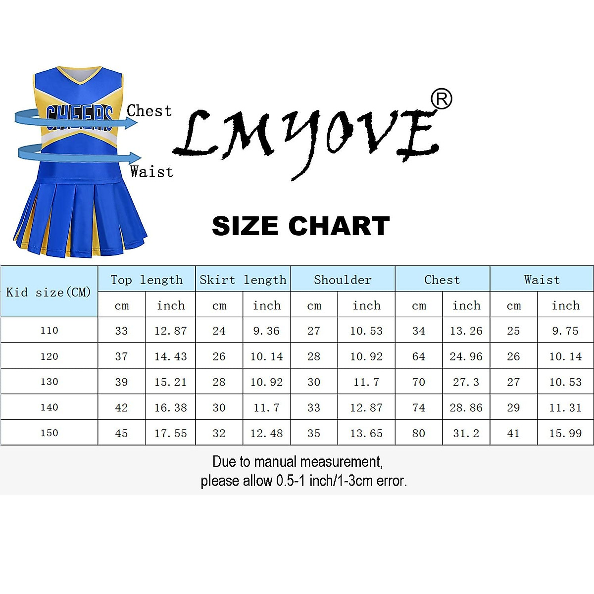 LMYOVE Cheerleader Costume for Girls, Cheerleading Outfit for Kids with Pom Pom, Child Halloween Costume Dress Uniform, Blue & Yellow, 6-7T