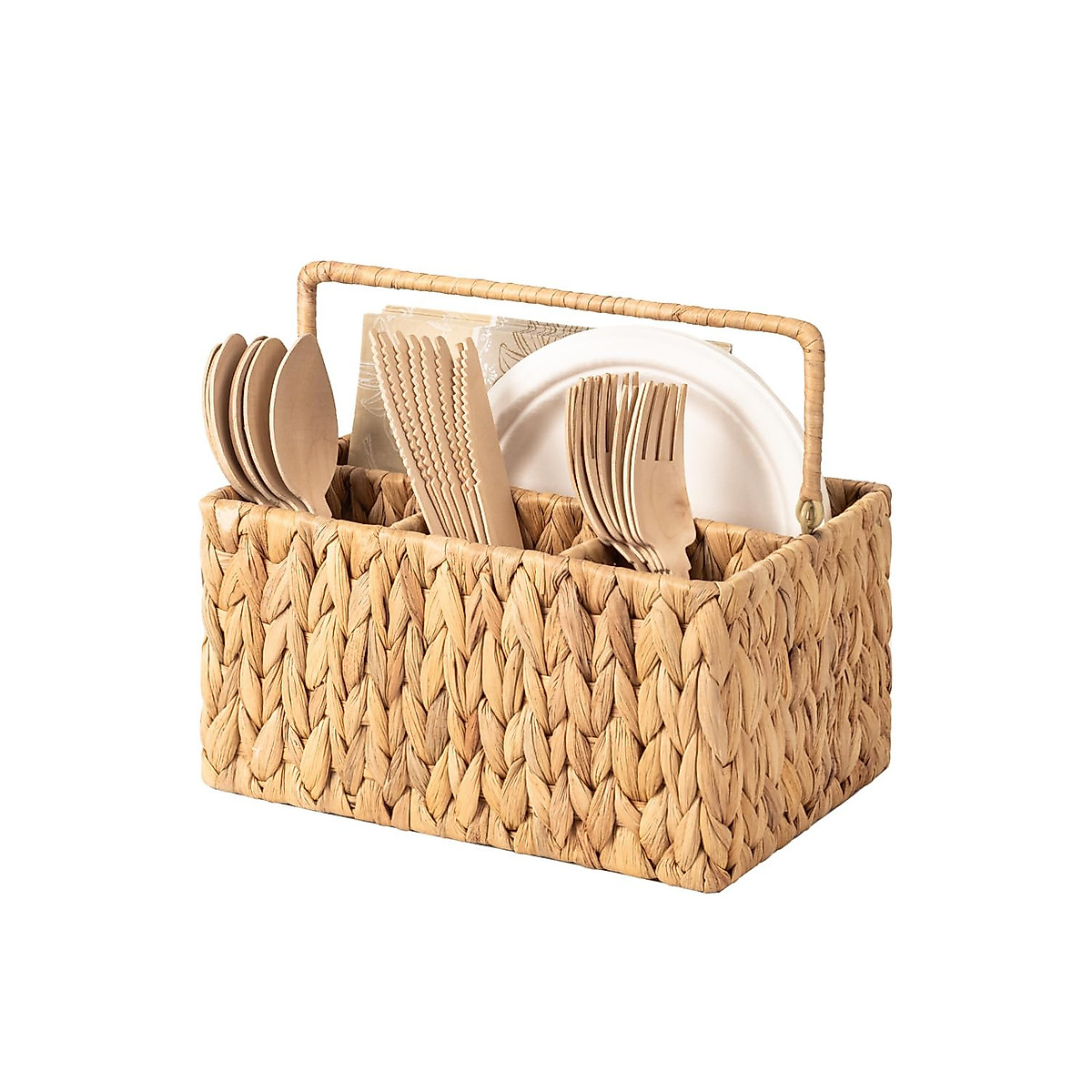 StorageWorks Wicker Flatware Organizer, Hand Woven Water Hyacinth Cutlery Holder for Countertop with Handle, 1 Pack