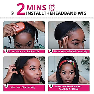 Tgezer Kinky Straight Headband Wigs for Women Synthetic Short Black Yaki Straight Wig with Headbands Attached 16inch Glueless Wig for Daily Party Use