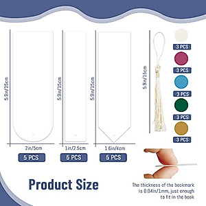 15Pcs Acrylic Bookmark Blanks with Colorful Tassels and 5m Jute Twine, 3 Shapes Clear Acrylic Bookmarks Set, DIY Rectangle Book Markers for Book Lovers Women Men (5 Colors)