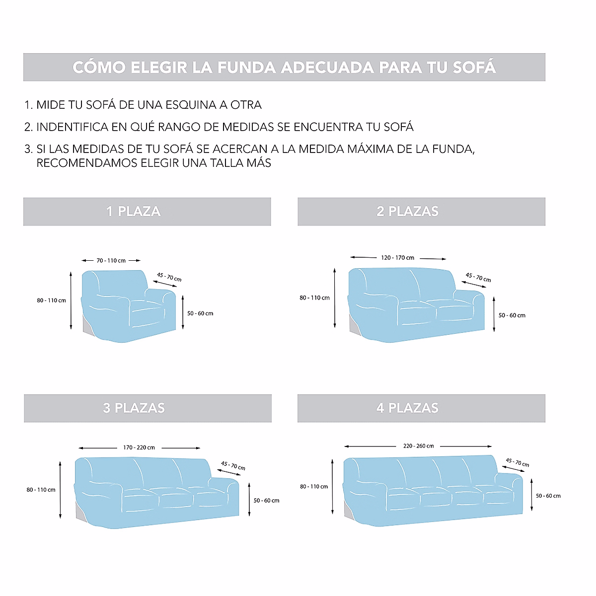 Martina Home - Elastic Cover for 4 Seater Sofa, Model TUNEZ, Color Blue Electric, Measure from 240 to 270 cm