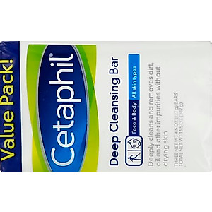 Cetaphil Bar Soap, Deep Cleansing Face and Body Bar, Pack of 3, For Dry to Normal, Sensitive Skin, Soap Free, Hypoallergenic, Paraben Free, Removes Makeup, Dirt and Oil