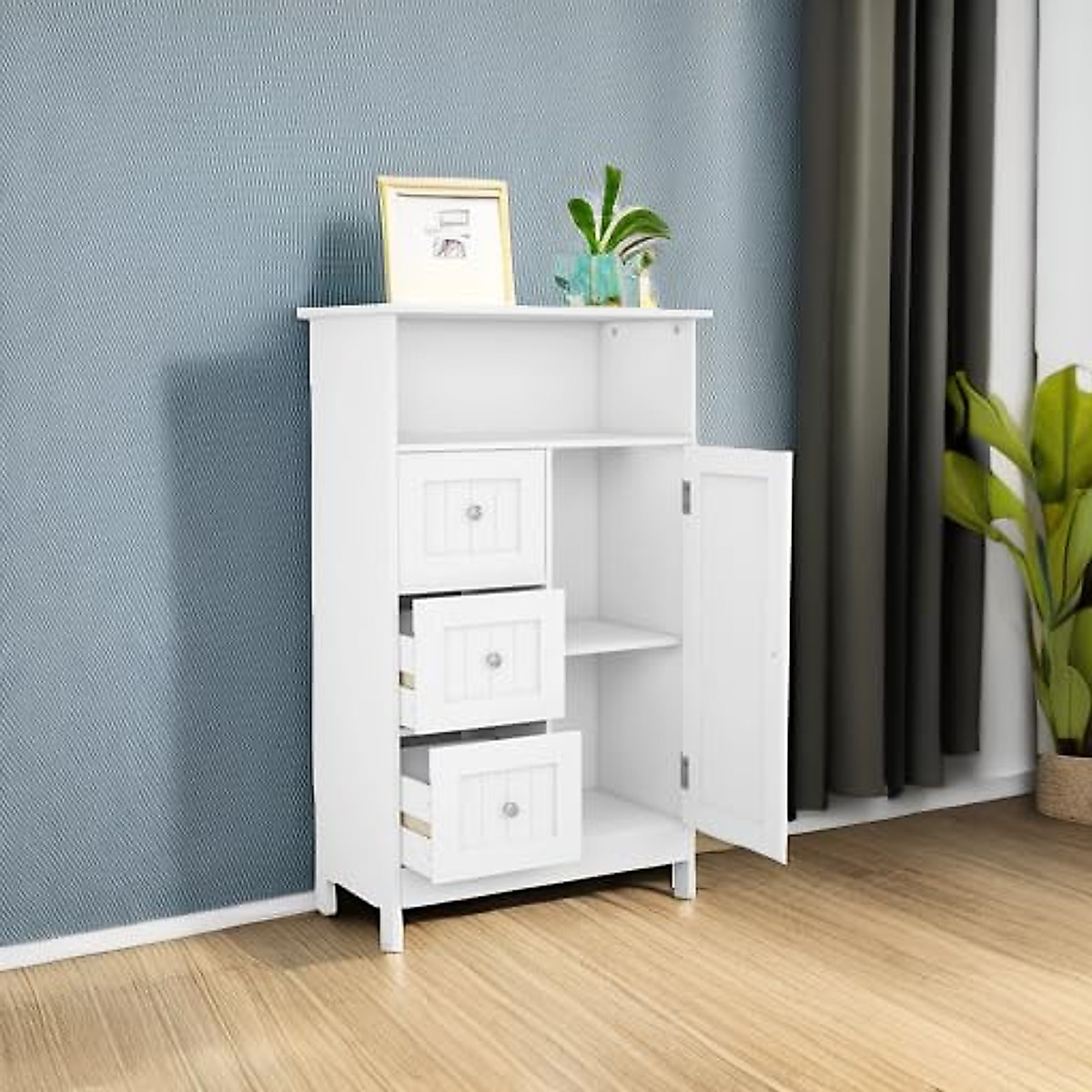 OQSC 39.4 Tall White Bathroom Floor Cabinet Freestanding Storage Cabinet Side Storage Organizer with 3 Drawers&1 Cupboard&1 Shelf for Bathroom Living Room Entryway