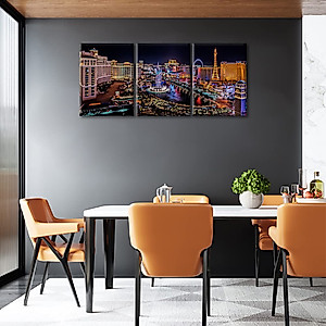 TUMOVO Canvas Painting Las Vegas Nevada Cityscape Wall Art Home Decor for Living Room Prints 3 Pieces Bellagio Casino Night View Poster Pictures Stretched Framed Ready to Hang, 12"x16"x3 Panels