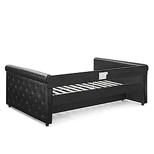 ATY Full Size Daybed with Twin Trundle, Upholstered Sofa Bed Design w/Button Tufted & Copper Nail, Perfect for Bedroom, Guestroom, Living Room, No Spring Box Needed, Black