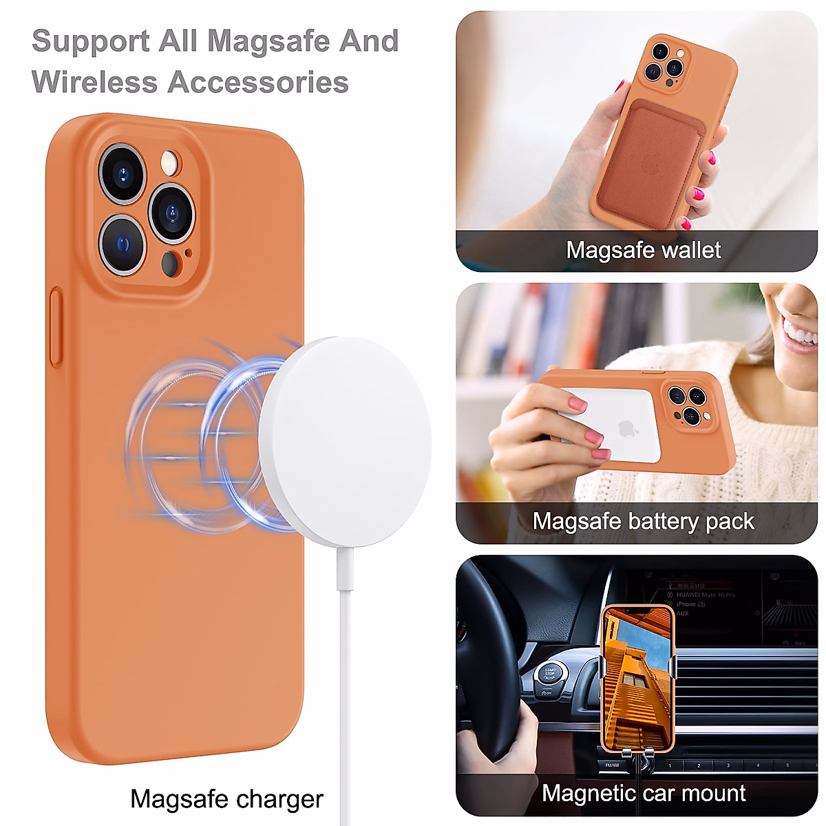 MCFANCE Silicone Magnetic for iPhone 13 Pro Max Case, Compatible with MagSafe, Full Camera Protection Soft Anti-Scratch Microfiber Lining for iPhone 13 Pro Max 6.7 inch 2021, Light Orange