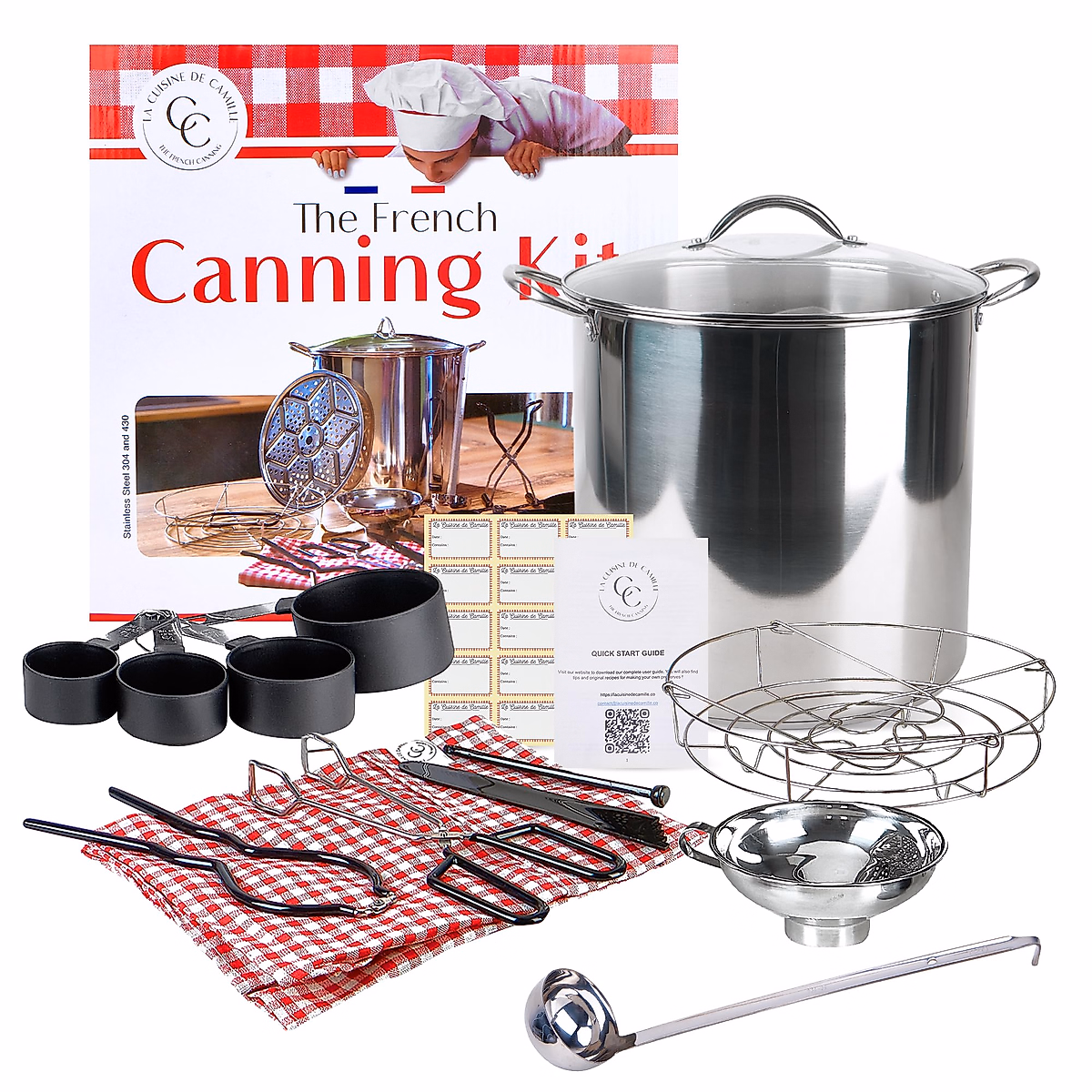 Canning pot with rack and lid - Water bath canner for canning - Complete premium canning kit with large Pot 21.5 Qt in stainless steel 304 - The French canning kit by La Cuisine de Camille