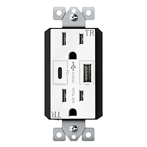TOPGREENER 5.8A Ultra-High-Speed USB C Wall Outlet Charger, 15A Duplex Tamper-Resistant Receptacle Plug, Charging Power Outlet with USB Ports, Electrical USB Socket, UL Listed, TU21558AC, White