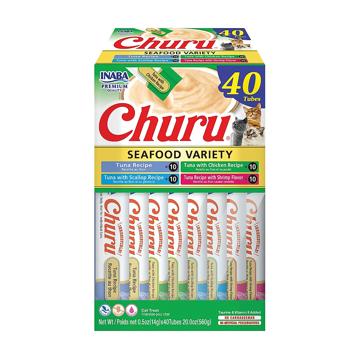 INABA Churu Cat Treats, Grain-Free, Lickable, Squeezable Creamy Purée Cat Treat/Topper with Vitamin E & Taurine, 0.5 Ounces Each, 40 Tubes, Tuna & Seafood Variety Box