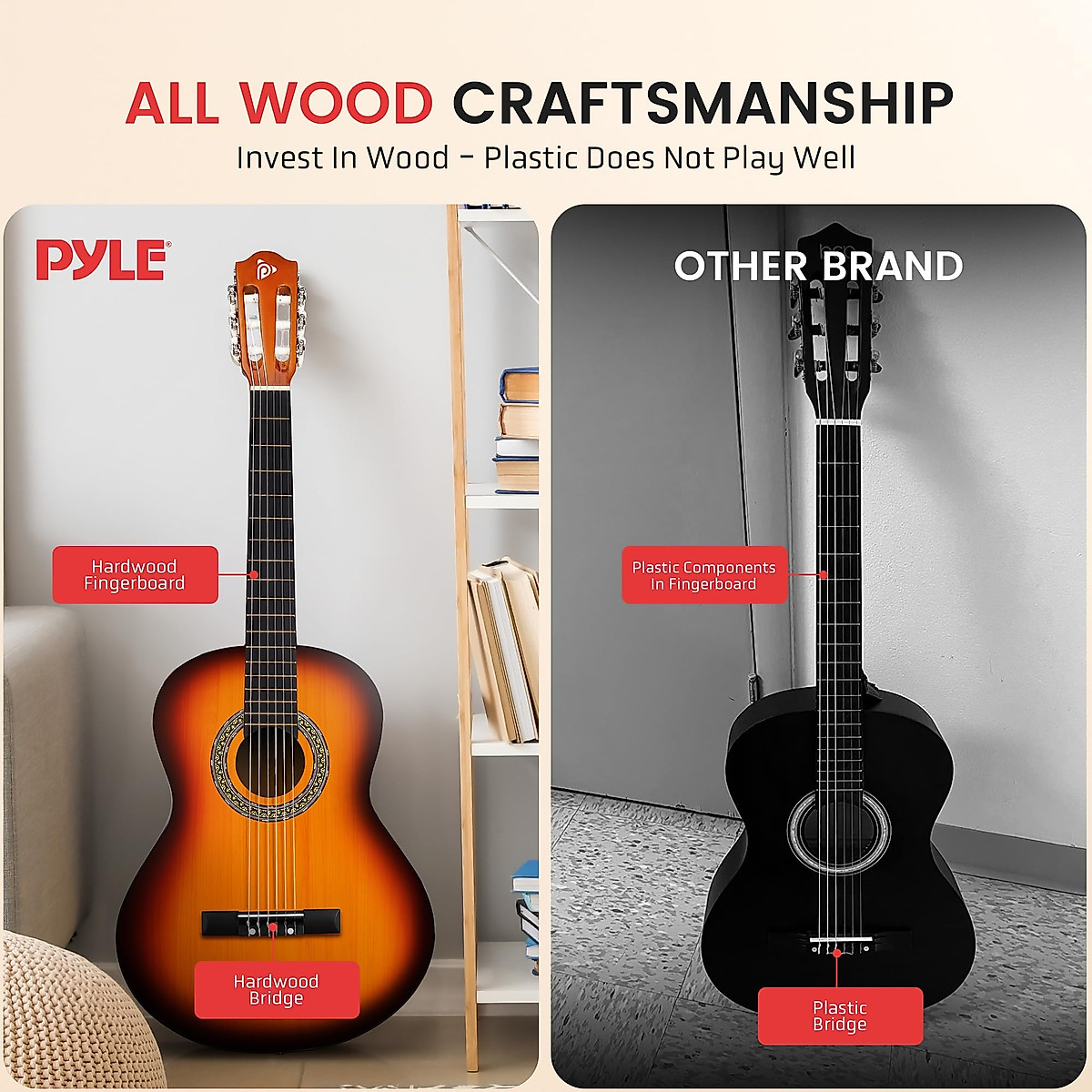 Pyle Beginner Acoustic Guitar Kit, 3/4 Junior Size All Wood Instrument for Kids, Adults, 36" Sun Burst