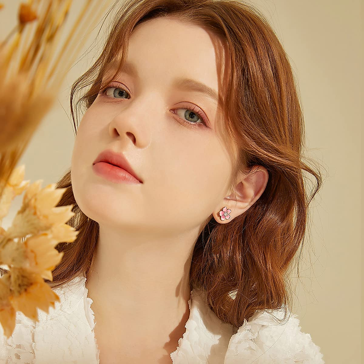 Pink Flower Earrings for Women, 925 Sterling Silver Stud Earrings, Cute Plumeria Earrings For Girl, Cherry Blossom Hypoallergenic Stud