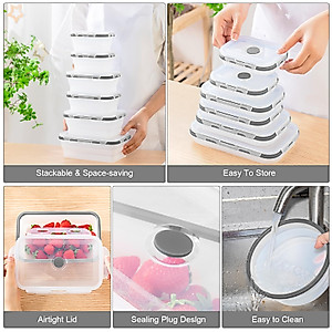 Dandat 12 Silicone Collapsible Food Storage Containers Foldable Silicone Lunch Container 6 Rectangle and 6 Round Airtight Collapsible Bowl with Lid Set for Kitchen Microwave (Translucence Gray)