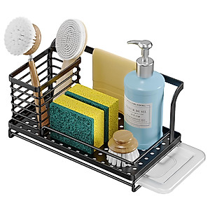 Nieifi Sink Caddy Organizer Countertop Sponge Brush Soap Holder with Drain Pan Stainless Steel for Kitchen Black