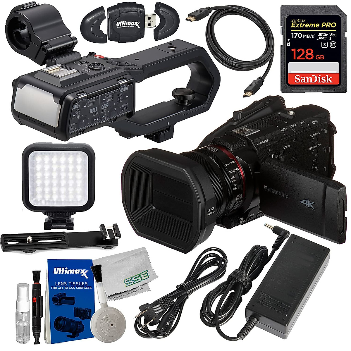 Panasonic HC-X2000 UHD 4K 3G-SDI/HDMI Pro Camcorder + 128GB Memory Card, Rechargeable 36 LED Light with Bracket, 6Ft. HDMI Cable & More (13pc Bundle), (PAHCX2000BB2)