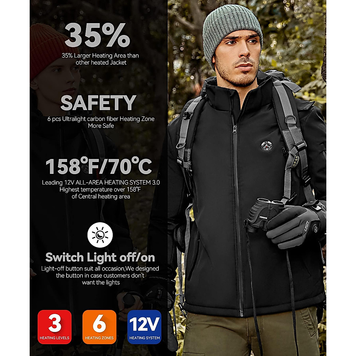 Men's Heated Jacket with Detachable Hood, Waterproof Winter Outdoor Heating Jackets for Men (Battery Pack Included)