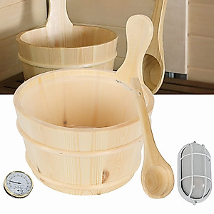 Wooden Sauna Bucket with Ladle Sauna Accessories with Hourglass Thermometer Explosion-Proof Lamp Plastic Liner 5Pcs Sauna Starter Set for Sauna Spa