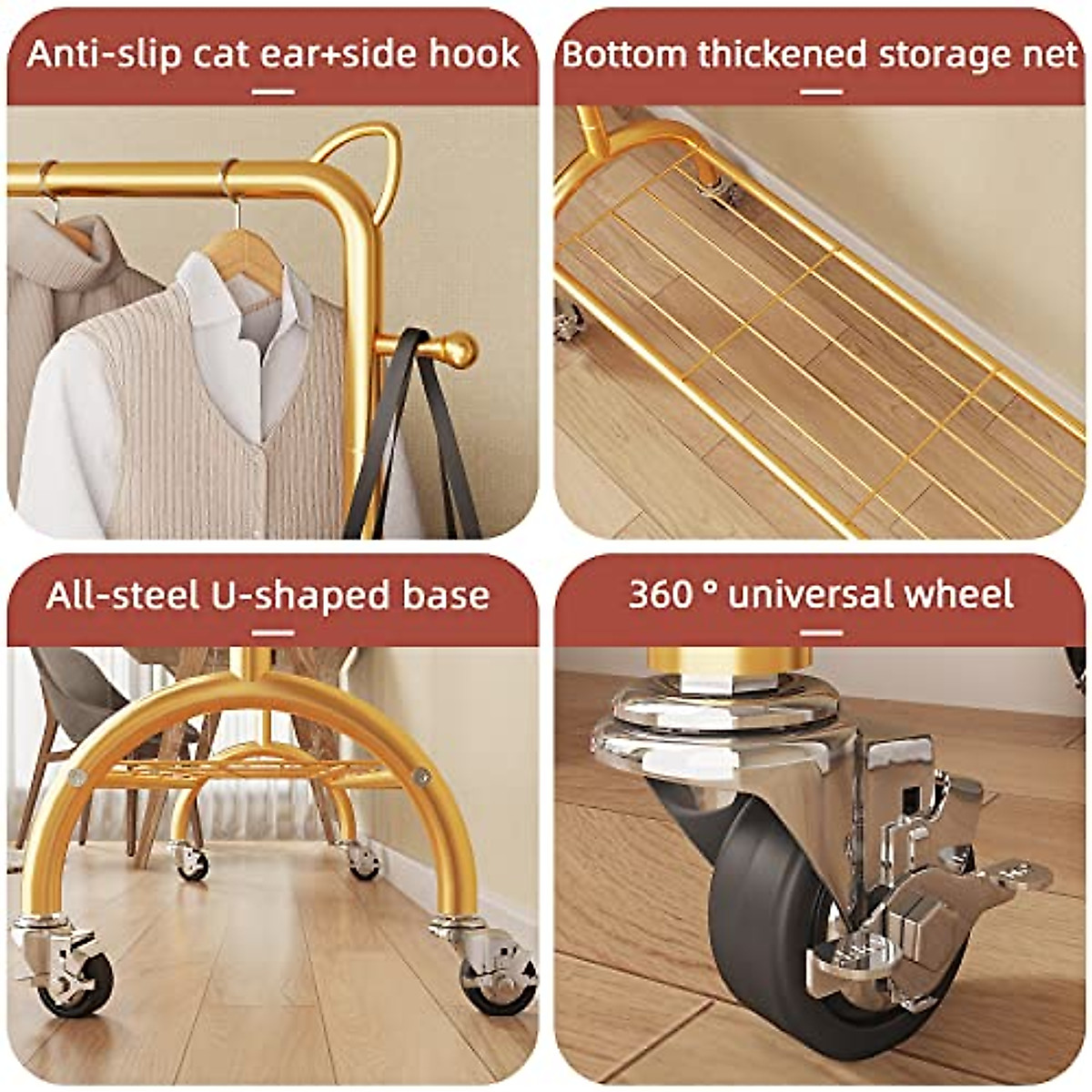 Dttwacoyh Garment Rack, Clothing Rack with Rounded Corners and Wheels,Cute Cat Ears, Heavy Clothes Rack for Bedroom, Living Room and Dormitory(Gold)