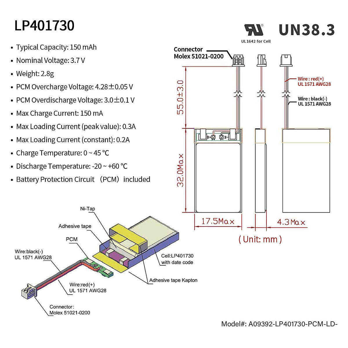 EEMB Lithium Polymer Battery 3.7V 150mAh 401730 Lipo Rechargeable Battery Pack with Wire Molex 1.25mm Connector for Speaker and Wireless Device- Confirm Device & Connector Polarity Before Purchase