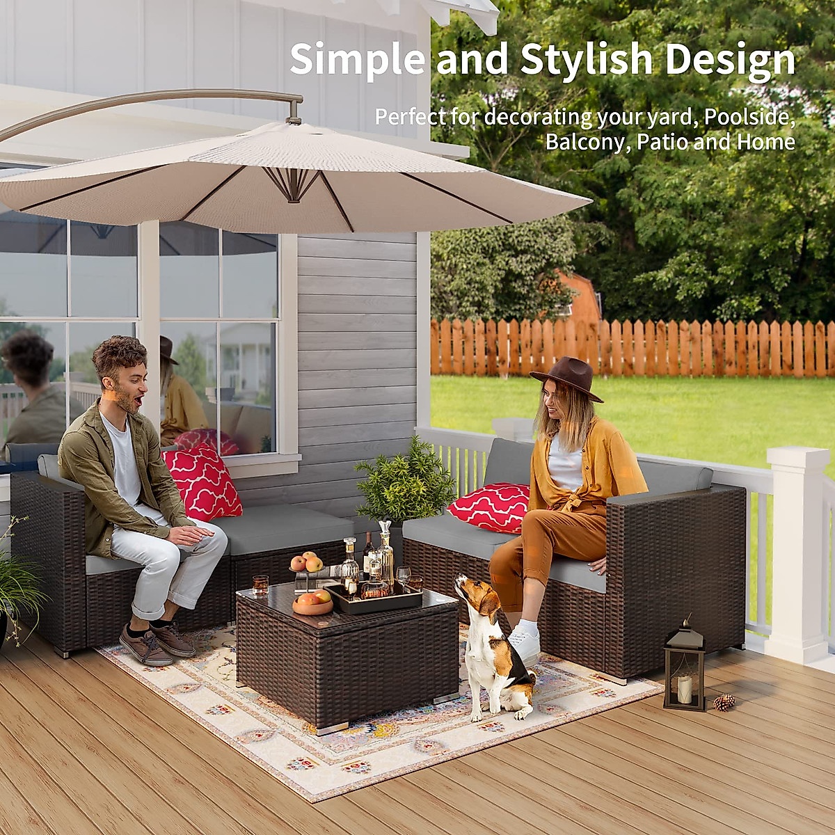 5 Pieces Outdoor Patio Furniture Set, PE Wicker Rattan Outdoor Sectional Patio Set with Cushion and Glass Table, Patio Sofa for Outdoor Patio, Porch, Backyard, Balcony, Poolside, Garden, Grey