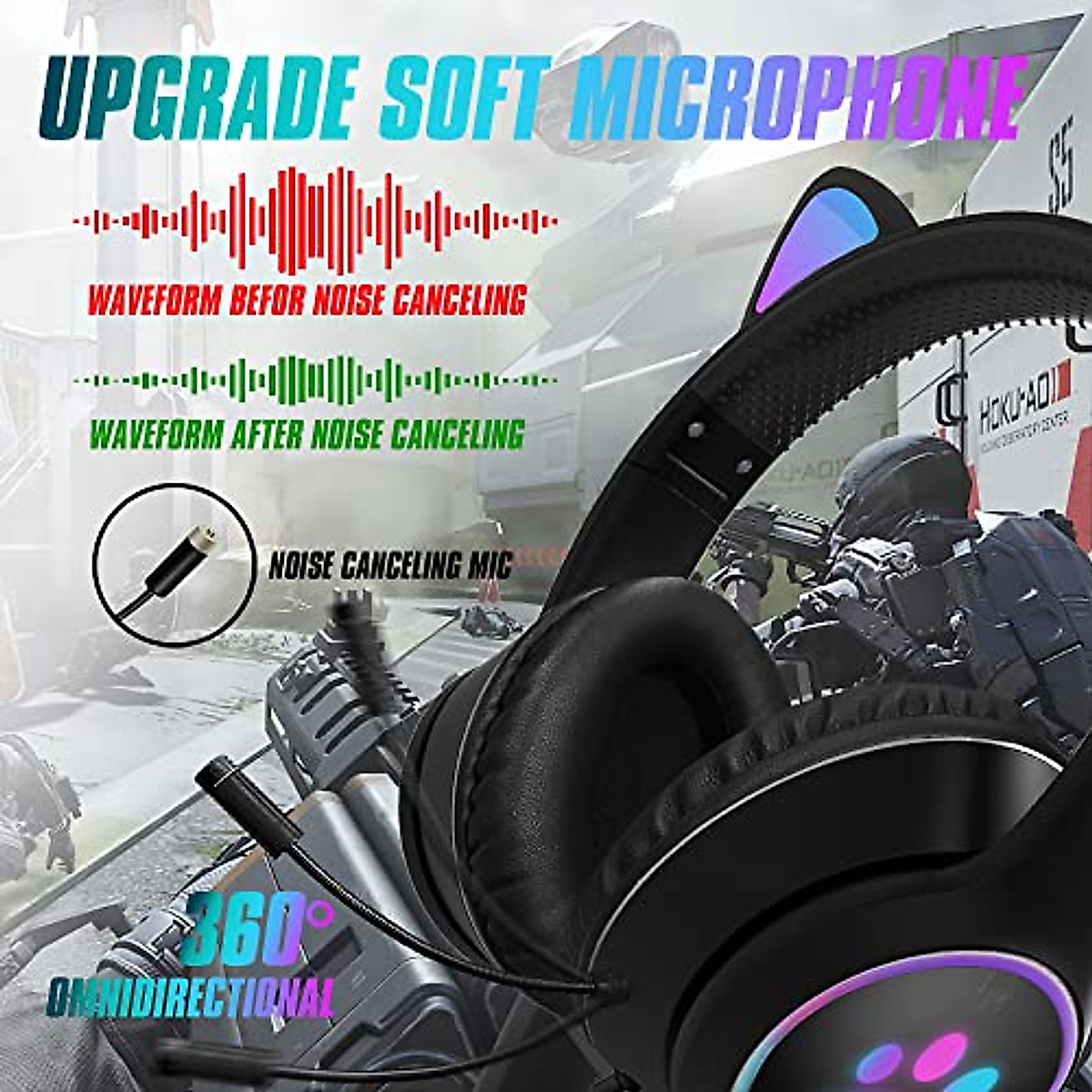 MIDOLA Gaming Wired AUX 3.5mm Cat Ear Headphone Over Ear LED Light Fit Adult & Kids Girl Boy Foldable Stereo Headset Earmuffs with Mic for PC PS4 Game Cellphone Laptop Pad Black