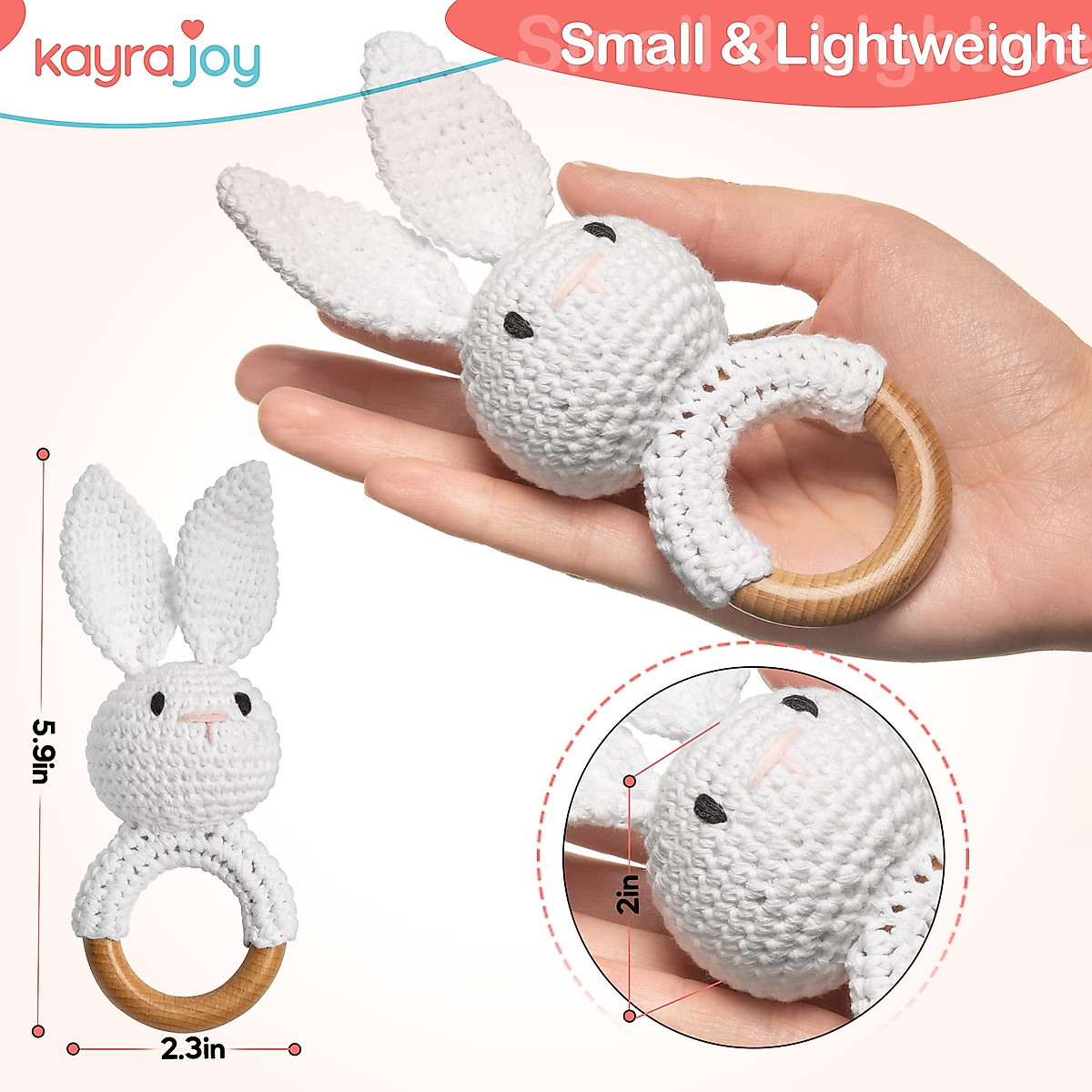 Crochet Bunny Rattle with Diaper Bag Clip - Wooden Teether Baby Rattle for Baby Girls and Boys - Natural Cotton with Wooden Teething Ring