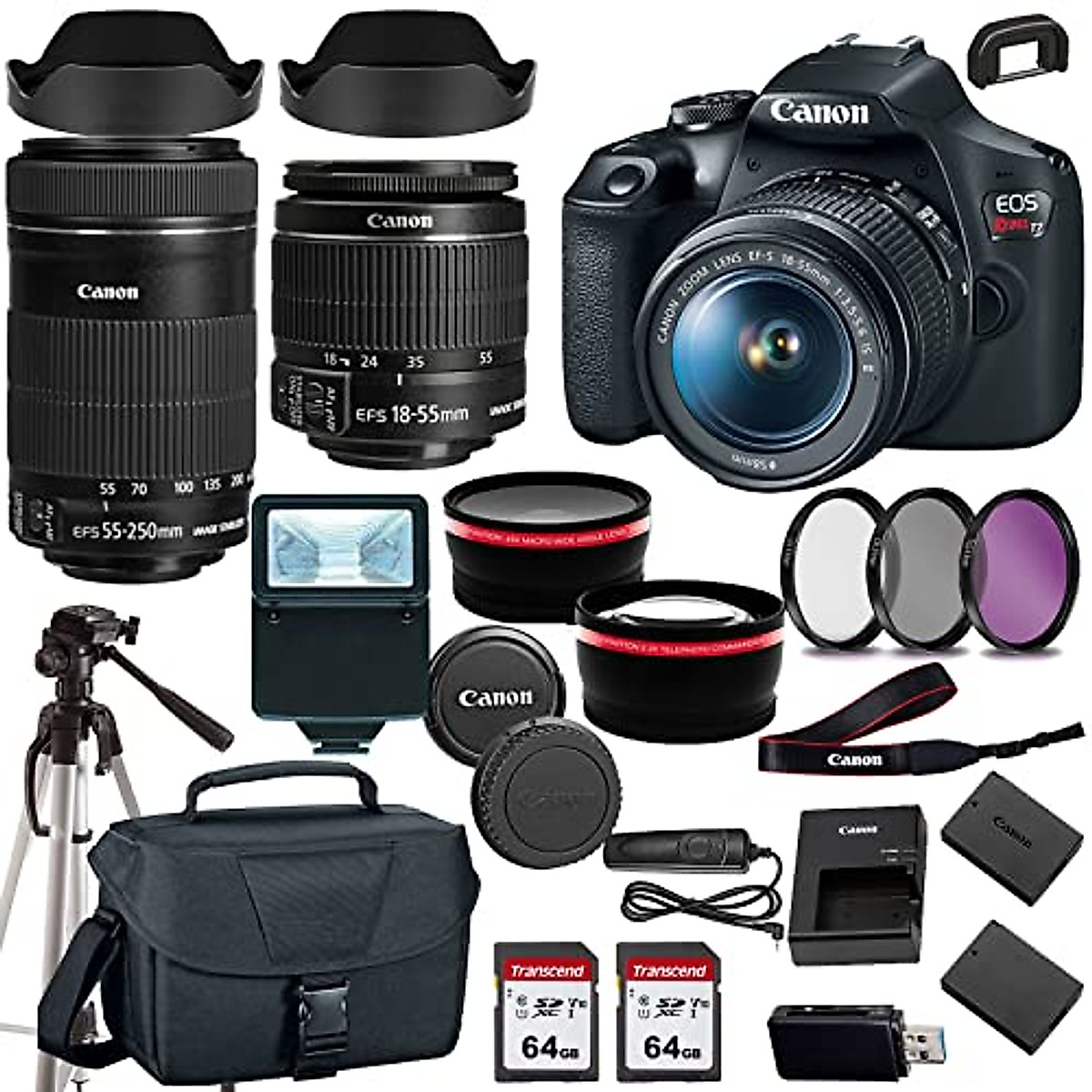Canon EOS Rebel T7 DSLR Camera with 18-55mm+Canon EF-S 55-250mm f/4-5.6 is STM+case+128Memory Cards (24PC)