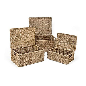 Set of 3 Rectangular Seagrass Baskets with Lids by Trademark Innovations