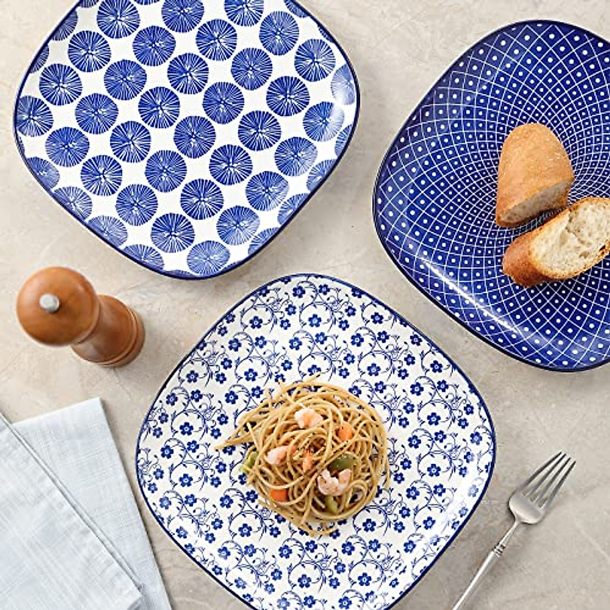 Selamica Porcelain Square Dessert Salad Pasta Plates 7.6 inches ceramic plates set of 6 microwave/dishwasher/oven safe, Vintage Blue