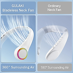 GULAKI Neck fan, Portable Fan with 5-17H Lifespan, 4000mAh Neck fan air conditioner with 3 Adjustable Speeds and 64 Cool Lights, Rechargeable Neck Fan, Hands-Free Cooling Neck fan for Summer (White)