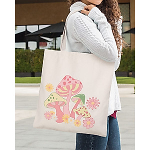 Percozzi 3 Pieces Danish Pastel Canvas Tote Bag Green and Pink Mushroom Shopping Bags Y2K Aesthetic Shoulder Bags for Supplies Gift
