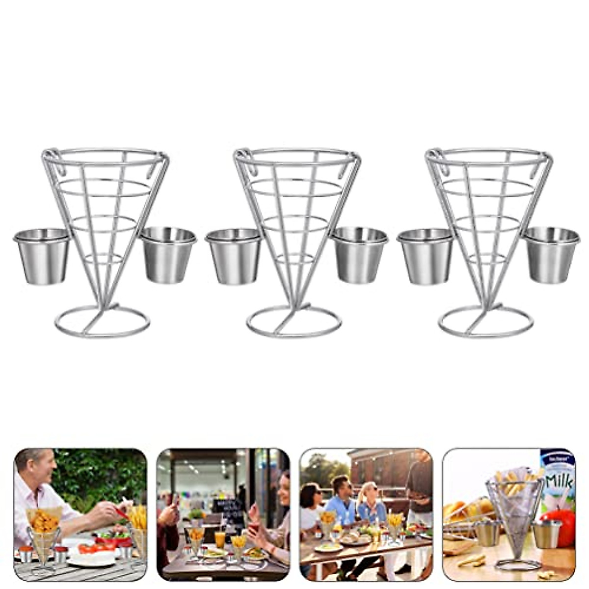 Angoily 3PCS Metal French Fries Stand Cone, Wire French Fry Serving Basket with 2 Sauce Dipper for Snack Fried Chicken Display for Party Restaurant Bar Picnics and Outdoor Events