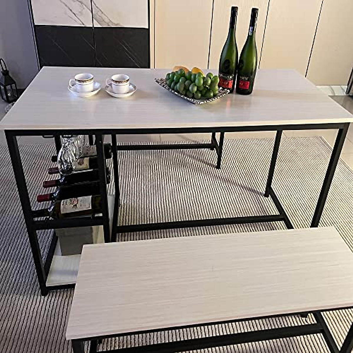 Vmobili Dining Table Set for 4,3 Piece Kitchen Table and Chairs Set with 2 Benches, Breakfast Nook Table Set, Dining Table with Wine Rack and Storage Shelf Small Metal Frame Kitchen Table