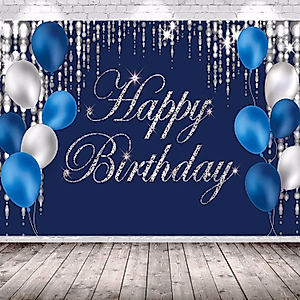 Happy Birthday Backdrop Navy Blue and Silver Happy Birthday Sign Blue Happy Birthday Banner Photo Studio Backdrop Birthday Party Supplies Photography Background for Favor Children Men Women 7x5ft