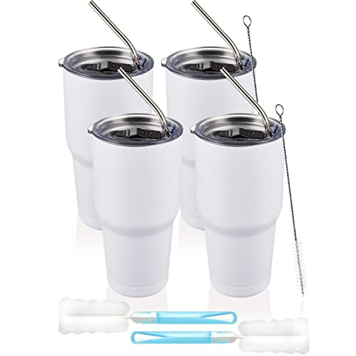 COMOOO 30oz White Tumbler Stainless Steel Insulated Tumbler with Lid and Straw Double Wall Vacuum Coffee Cup Large Travel Mug for Hot and Cold Drinks, Home, Office, School,Party (White, 4 Pack)