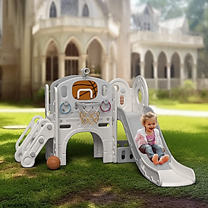 XJD 8 in 1 Toddler Slide Set, Kids Slide for Toddlers Age 1+, Toddler Climber Slide PlaySet with Basketball Hoop and Ball,Outdoor Indoor Playground for Toddlers 1-3 (Beige Grey, 8 in 1)