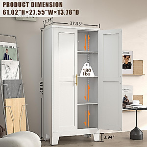 White Metal Pantry Cabinet with 2 Doors and Adjustable Shelves, 61" Kitchen Storage cabinets with Gold Handles, Versatile Storage for Laundry/Living/Dinning Room, Bathroom,Utility Room