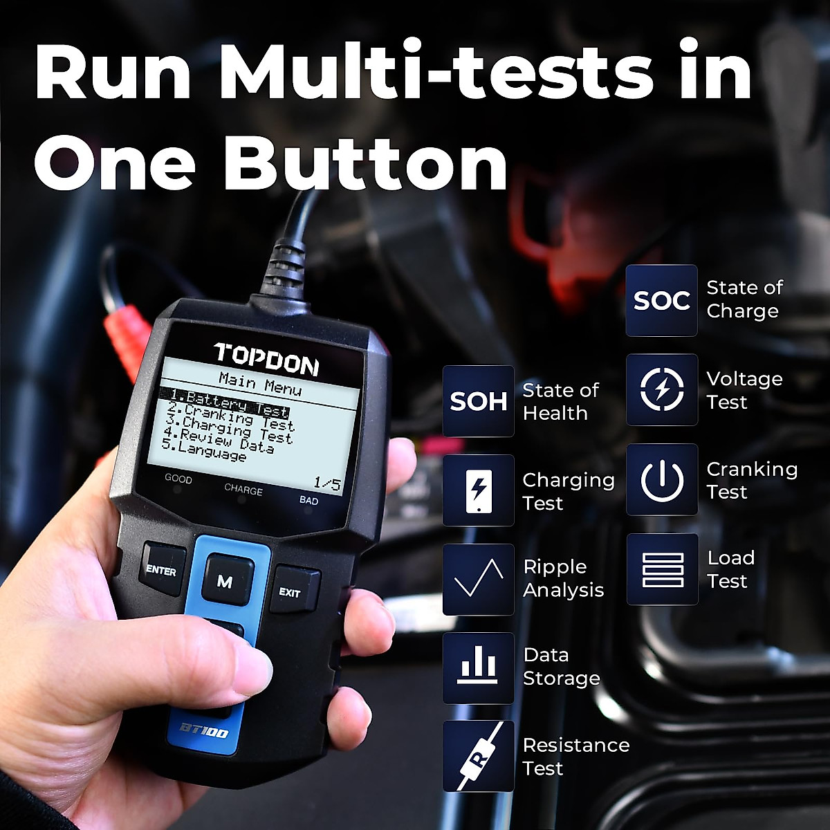 TOPDON BT100 Car Battery Tester 12V Load Tester, 100-2000 CCA Automotive Alternator Tester Digital Auto Battery Analyzer Charging Cranking System Tester for Car Truck Motorcycle ATV SUV Boat Yacht
