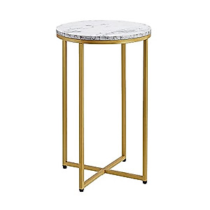 AZL1 Life Concept Concept Modern X-Shaped Small Round Side End Accent Table,Corner Decor/Nightstand for Home Office Living Room Bedroom Marble + Gold, 16 inches, White