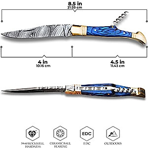 WARLOCKS CLUB Handmade Damascus Pocket Knife with Sheath, 7" Folding Hunting Knife for Outdoor Camping, Laguiole Pocket Knife, Cork Screw for Wine or Bottle Opener