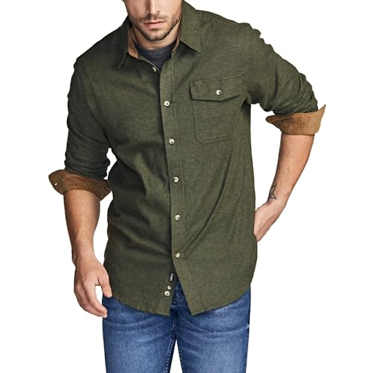 CQR Men's All Cotton Flannel Shirt, Long Sleeve Casual Button Up Plaid Shirt, Brushed Soft Outdoor Shirts, Solid Hunter Green, Medium