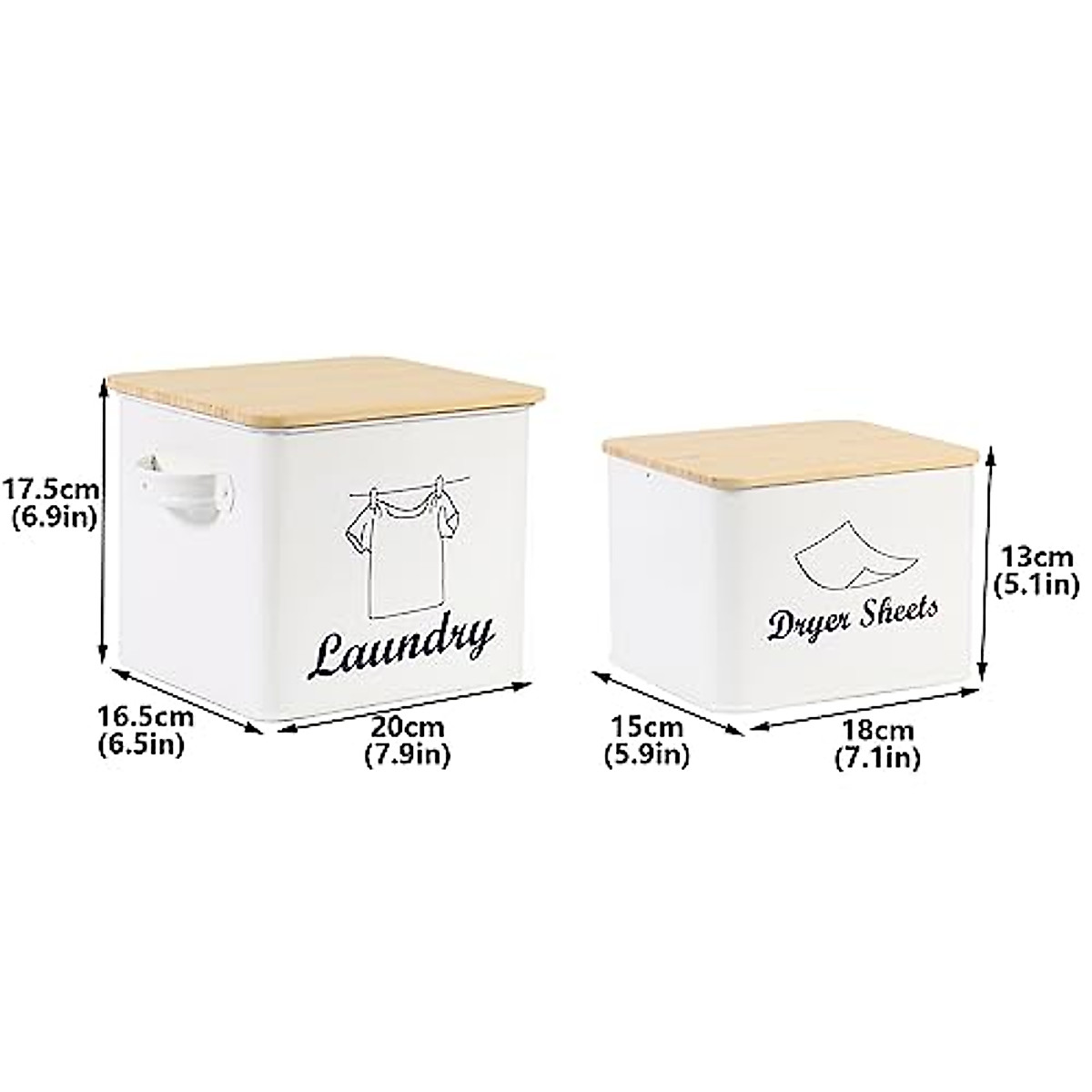 Xbopetda Set of Laundry Powder Bin & Dryer Sheets Holder, Laundry Detergent Powder Storage Box with Scoop, Wooden Lid & Handles, Metal Laundry Dryer Sheet Dispenser for Laundry Room Decor-White