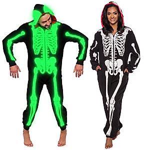 Funziez! Glow in the Dark Skeleton Adult Onesie - Halloween Costume - Plush One Piece Cosplay Suit for Adults, Women and Men