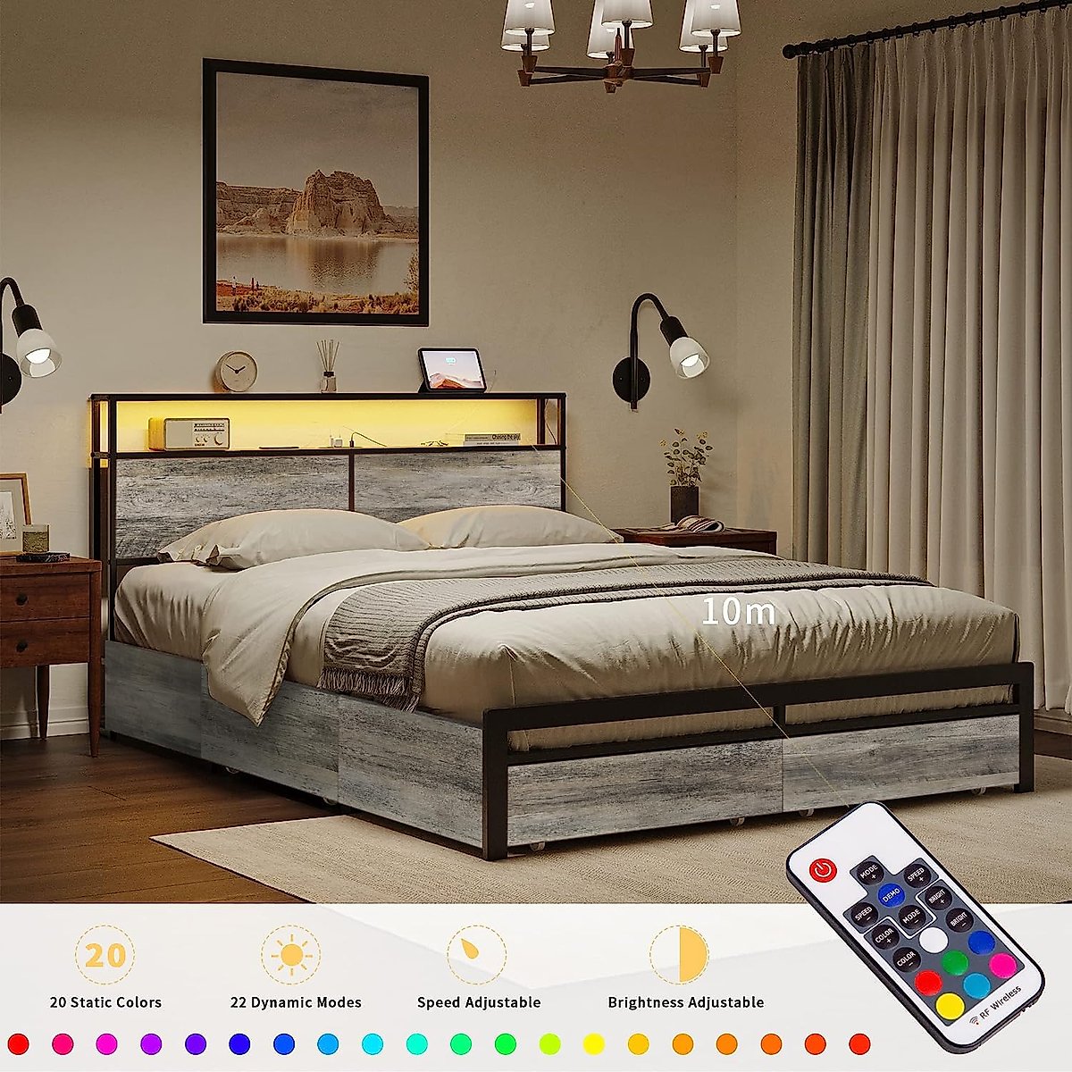 HAUSOURCE Queen Bed Frame with Storage Headboard and 4 Drawers LED Lights Metal Platform Non-Slip Without Noise Mattress Foundation Strong Metal Slats Support No Box Spring Needed,Greige