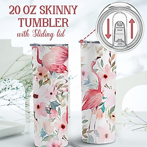 Onebttl Flamingo Skinny Tumbler Gifts For Women, Female, Her and Flamingo lovers - 20oz/590ml Stainless Steel Insulated Tumbler with Straw, Lid, Message Card - (White)
