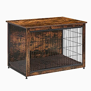 DWANTON Dog Crate Furniture with Cushion, Wooden Dog Crate Table, Double-Doors Dog Furniture, Indoor Dog Kennel, Dog House, Dog Cage Medium, 32.5" L