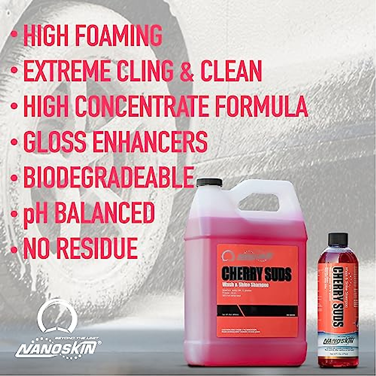 Nanoskin CHERRY SUDS Foaming Car Wash Shampoo 1 Gallon - Works with Foam Cannon, Foam Gun, Bucket Washes, Car Soap for Pressure Washer | Safe for Cars Trucks, Motorcycles, RVs & More | Cherry Scented