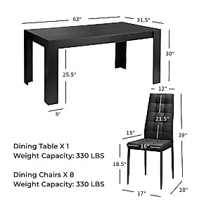Giantex 9 Pcs Dining Table Set, Wood Rectangular Table with 8 Upholstered Chairs Set, Modern Kitchen Table Set, Black Dining Room Table Set, Home Kitchen Dinette Furniture Family Party